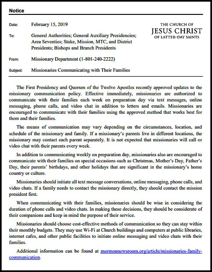 BREAKING: New Policy Allows Missionaries to Call/Video Chat With Family ...